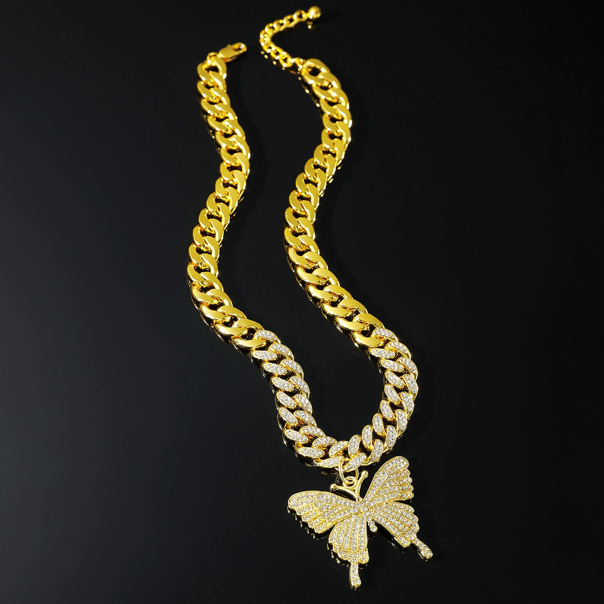 Alloy Butterfly Cuban Chain Necklace With Diamond Inlay Hiphop Style ...