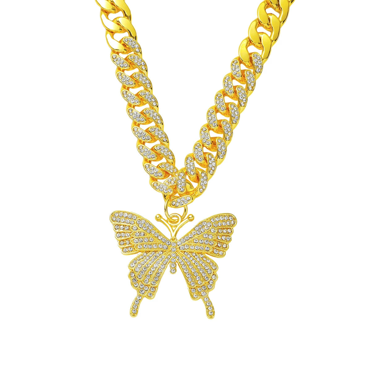Alloy Butterfly Cuban Chain Necklace With Diamond Inlay Hiphop Style ...
