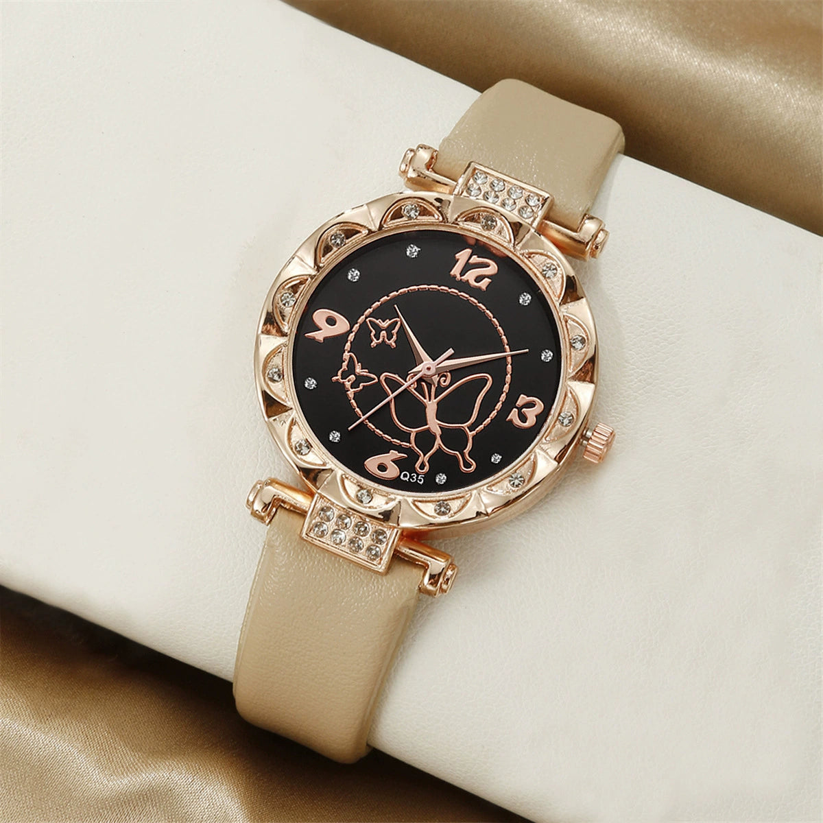 Alloy Casual Round Dial Belt Watch And Pearl Butterfly Jewelry Set For ...