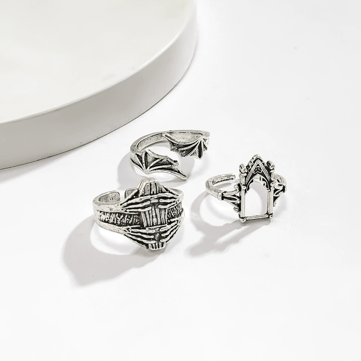 Alloy Dark Punk Retro Joint Ring Set With Carved Bat And Geometric Pat ...