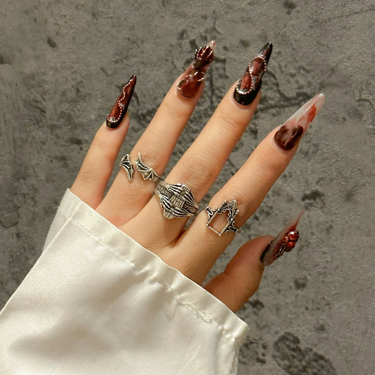 Alloy Dark Punk Retro Joint Ring Set With Carved Bat And Geometric Pat ...