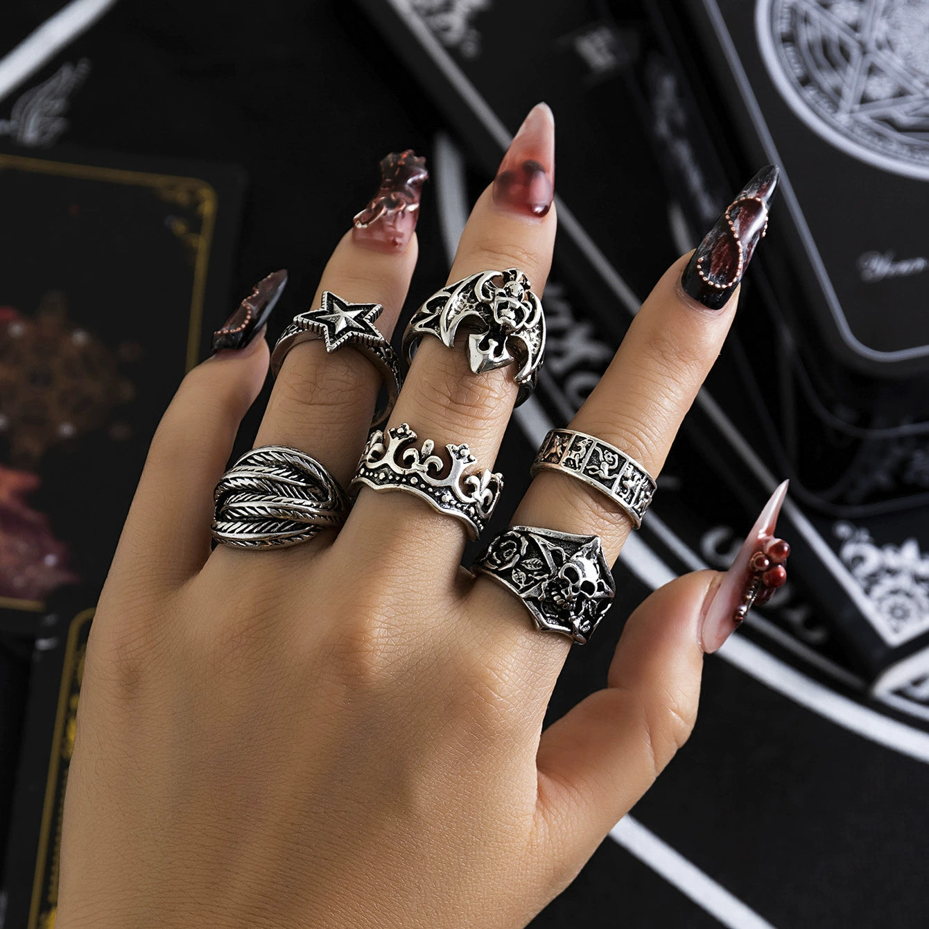 Alloy Dark Punk Retro Joint Ring Set With Carved Bat And Geometric Pat ...
