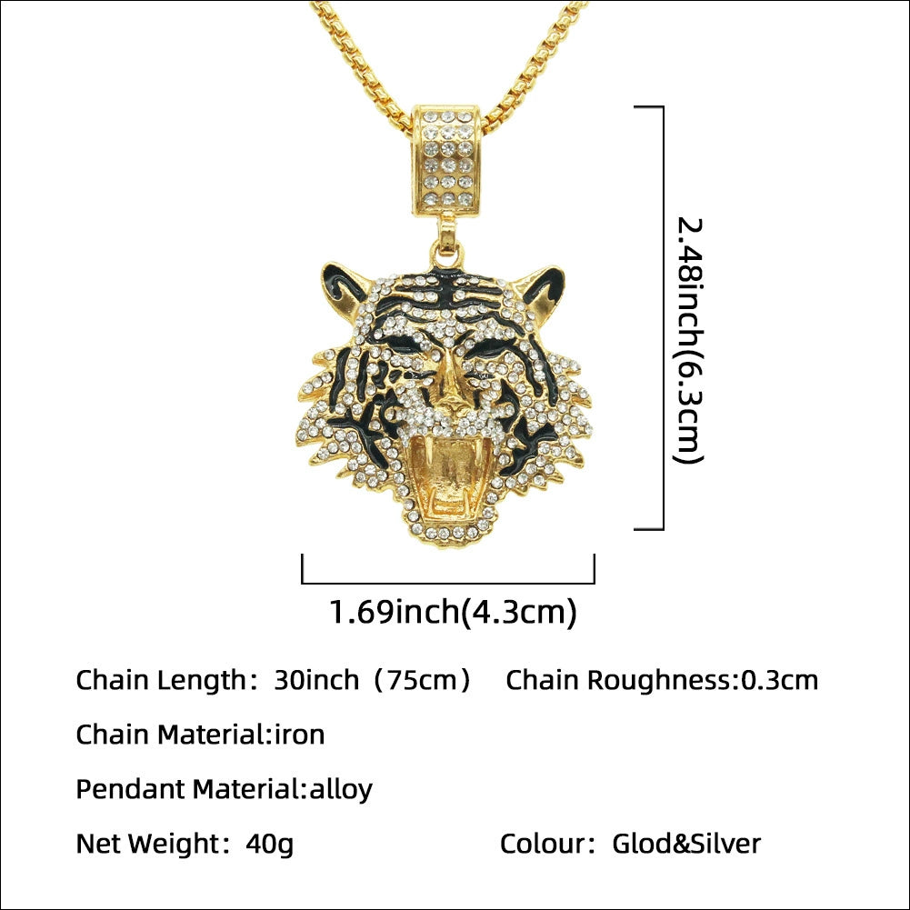 Alloy Tiger Head Pendant Necklace With Diamond Square Pearl Chain ...