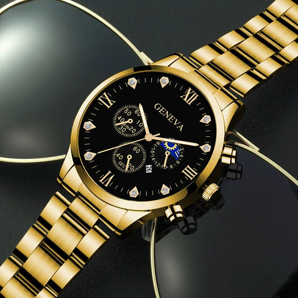 Business Men's Alloy Case Stainless Steel Band Round Dial Quartz Watch ...