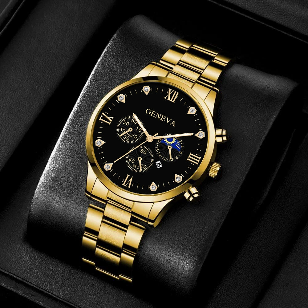 Business Men's Alloy Case Stainless Steel Band Round Dial Quartz Watch ...