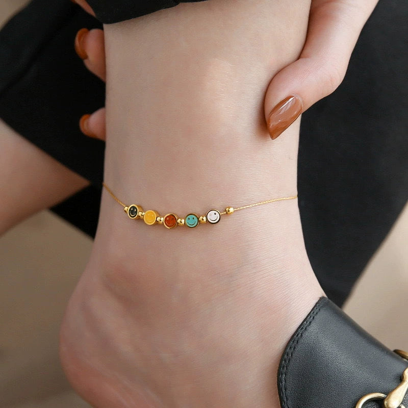 Colorful Smiley Titanium Steel Anklet For Girls With 18K Gold Bead Des ...