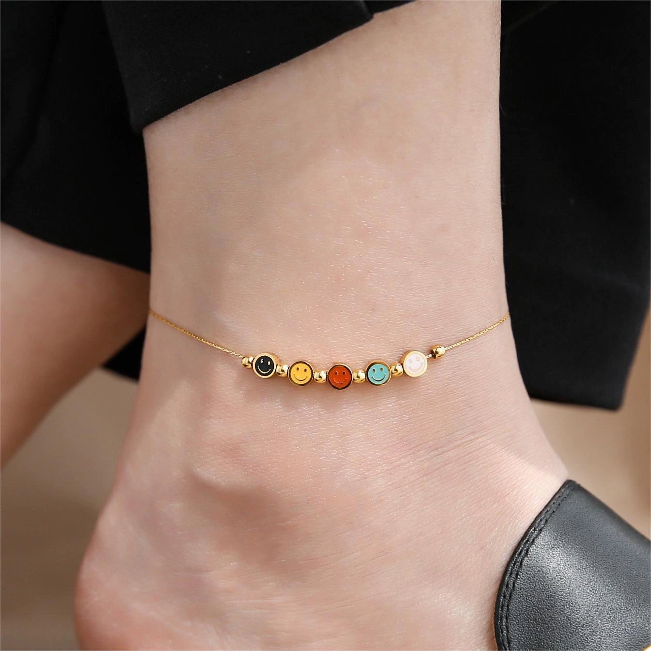 Colorful Smiley Titanium Steel Anklet For Girls With 18K Gold Bead Des ...