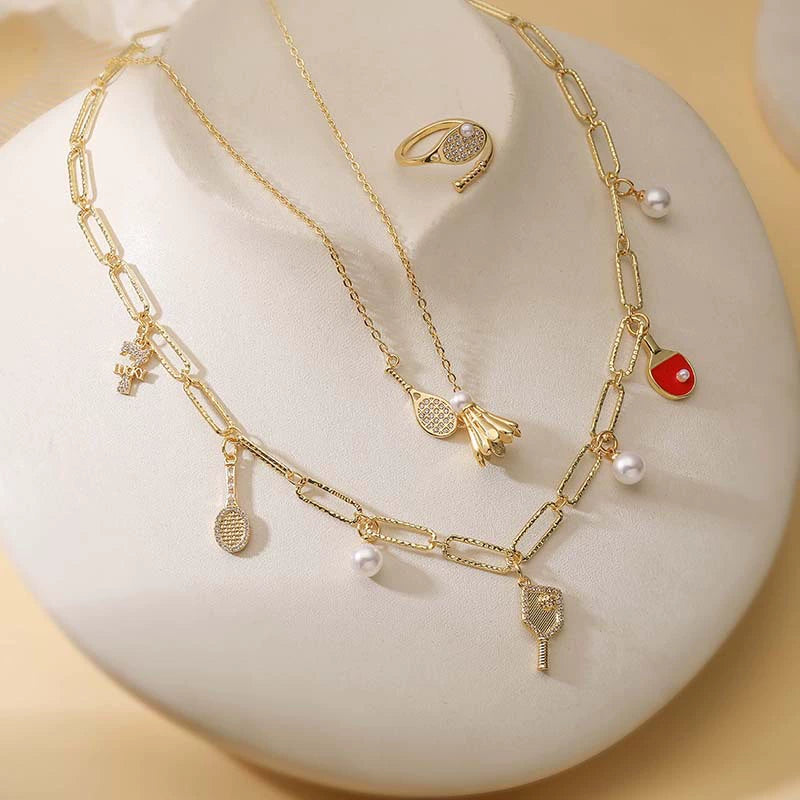 Copper Inlaid Pearl Badminton Table Tennis Racket Style Necklace Set F ...