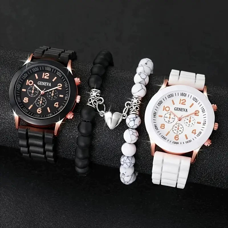 Couple Watch Set Alloy Case Silicone Strap Magnetic Heart Casual Style ...