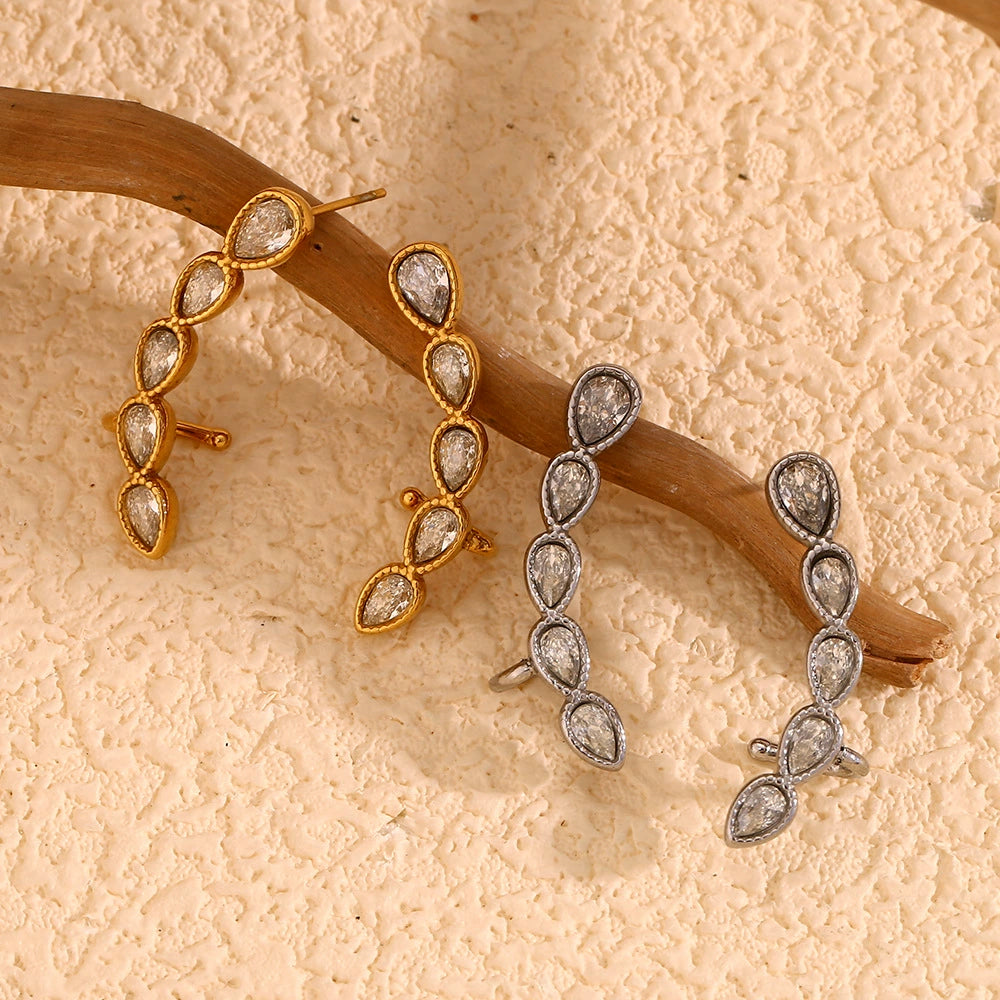 Creative Niche Design Stainless Steel 18K Gold Plated Drops White Diam ...