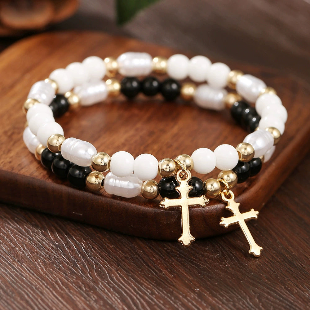 Elegant Geometric Cross Pendant Alloy Black Diamond Imitation Pearl Be ...