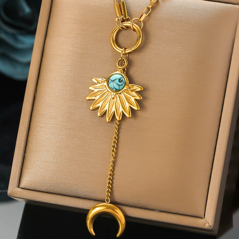 Fashion Retro Long Tassel Moon Pendant Stainless Steel Fanshaped Women ...