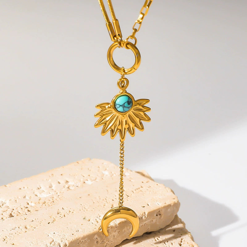 Fashion Retro Long Tassel Moon Pendant Stainless Steel Fanshaped Women ...