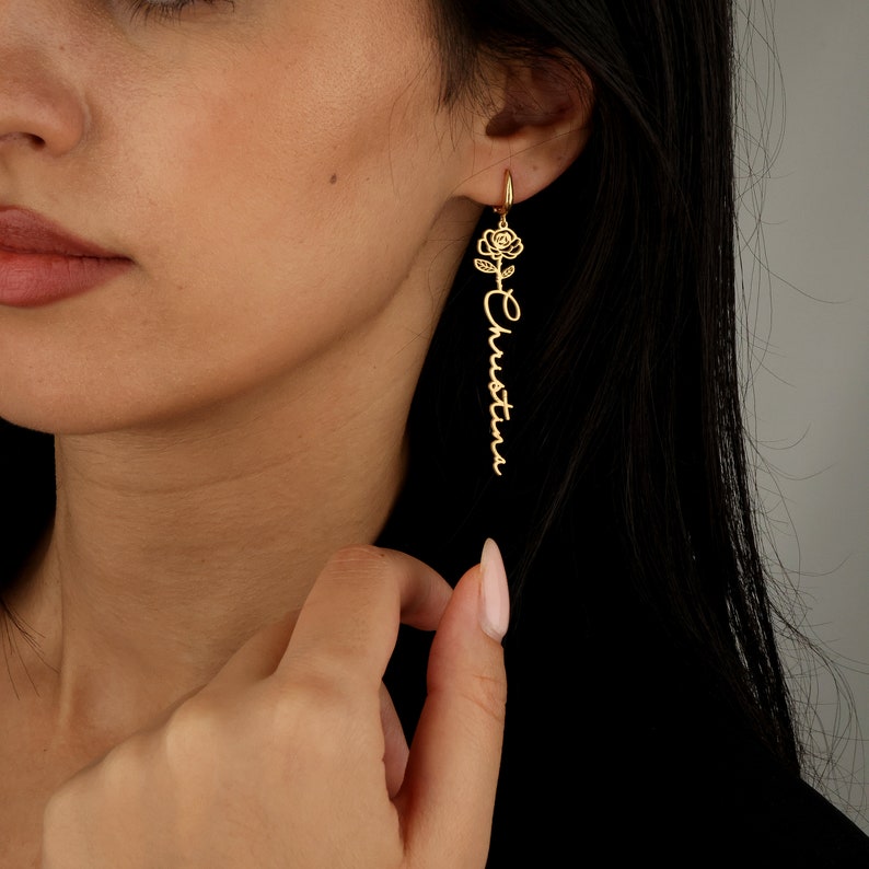 Name Earrings with Birth Flower, Personalized Name Earrings, Birth Flo ...