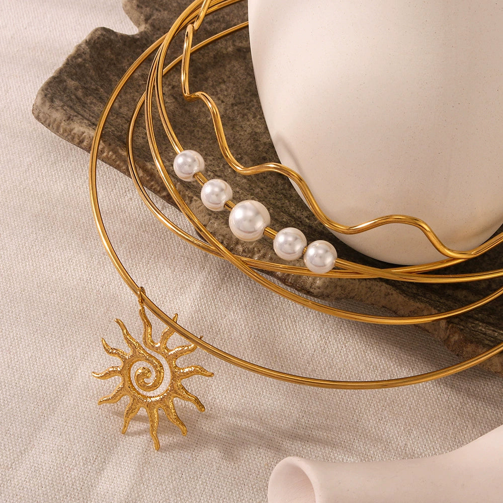 Ins Style Stainless Steel 18K Gold Plated Wavy Sunflower Bow Pearl Pen ...