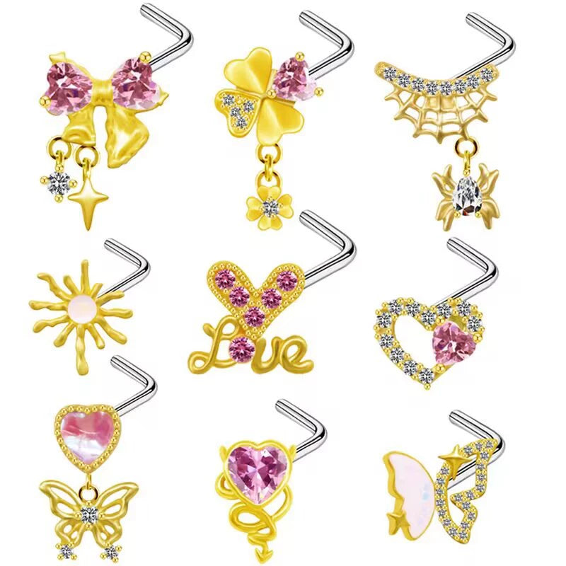 Jewelry Bow Nose Stud Copper Stainless Steel Heart Shape Gold Plated ...