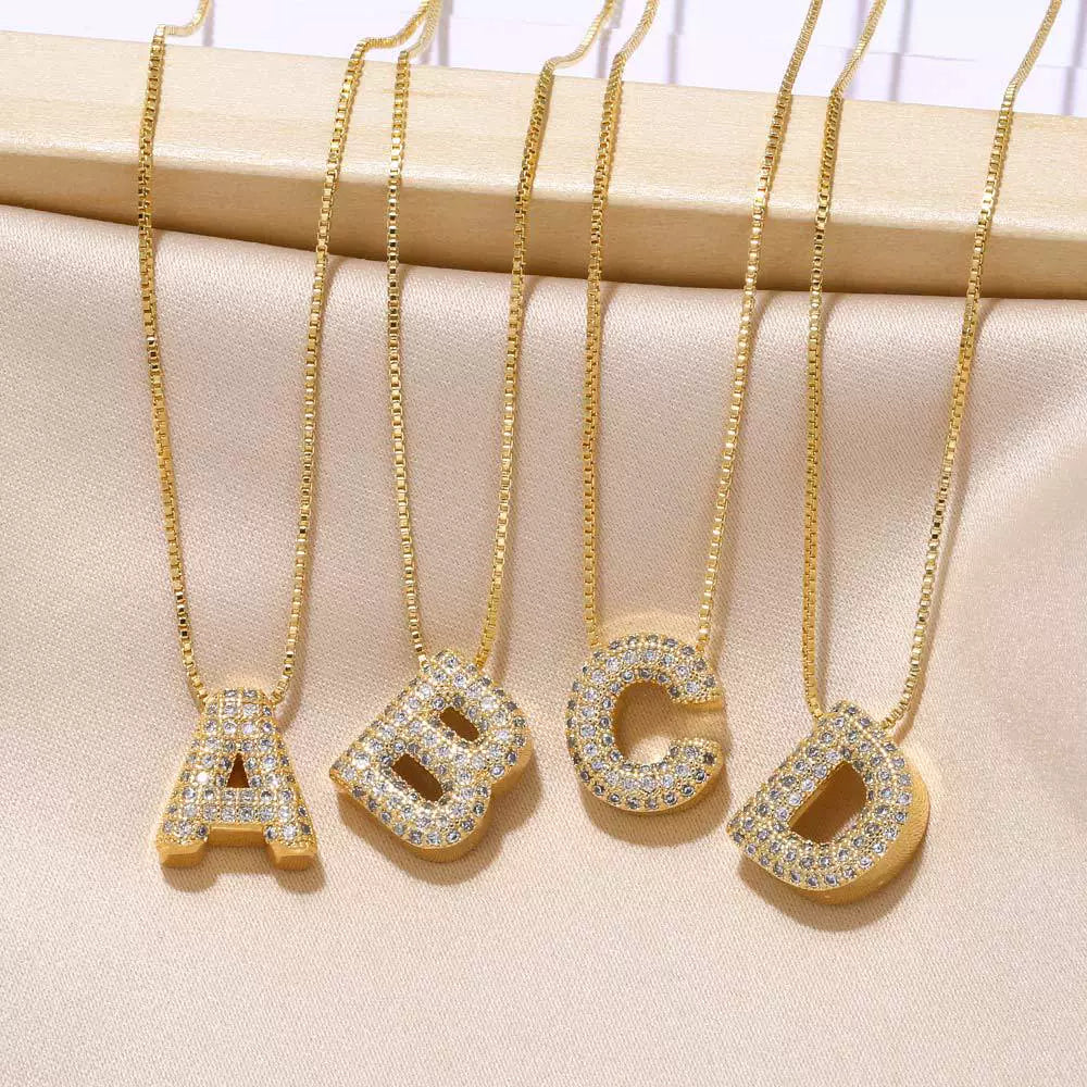Jewelry Copper Box Chain English Alphabet Zircon Gold Plated Necklace ...