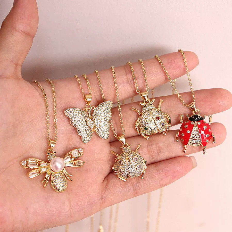 Jewelry Copper Pendant Necklace With Zircon Imitation Pearl Insect Ani ...