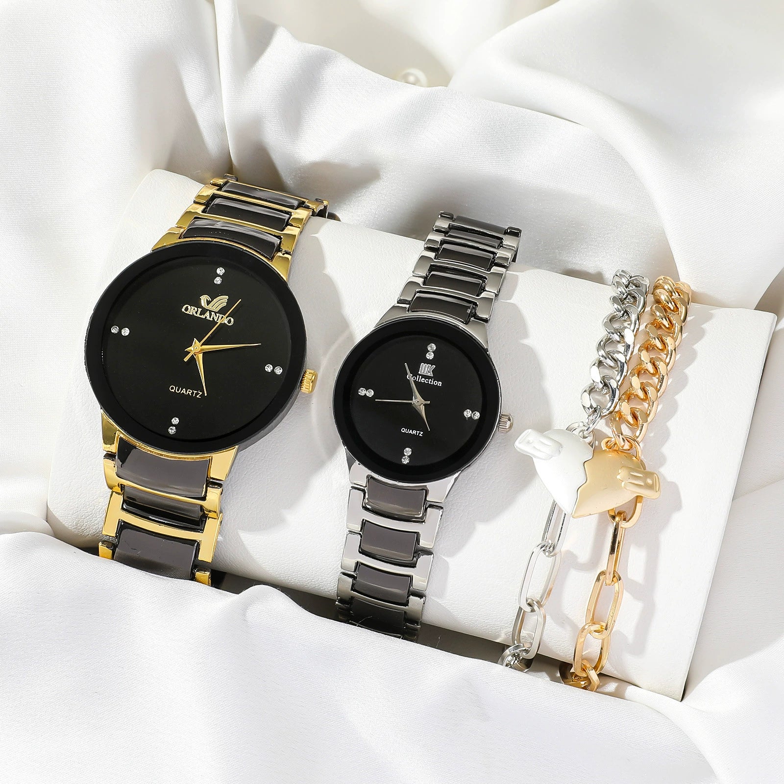 Leisure Couple Watch And Love Bracelet Set Alloy Case Stainless Steel ...