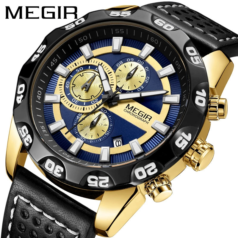 Men's Alloy Case Genuine Leather Strap Round Dial Quartz Multifunction ...
