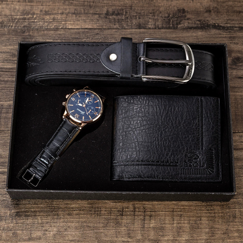 Men's Gift Set With Alloy Watch Pu Belt And Wallet Leisure Style Round ...