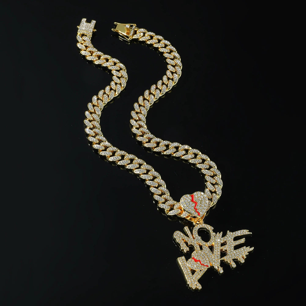 Men's Hip Hop Alloy Cuban Chain With Rhinestone Heartbreak Letter Pend ...