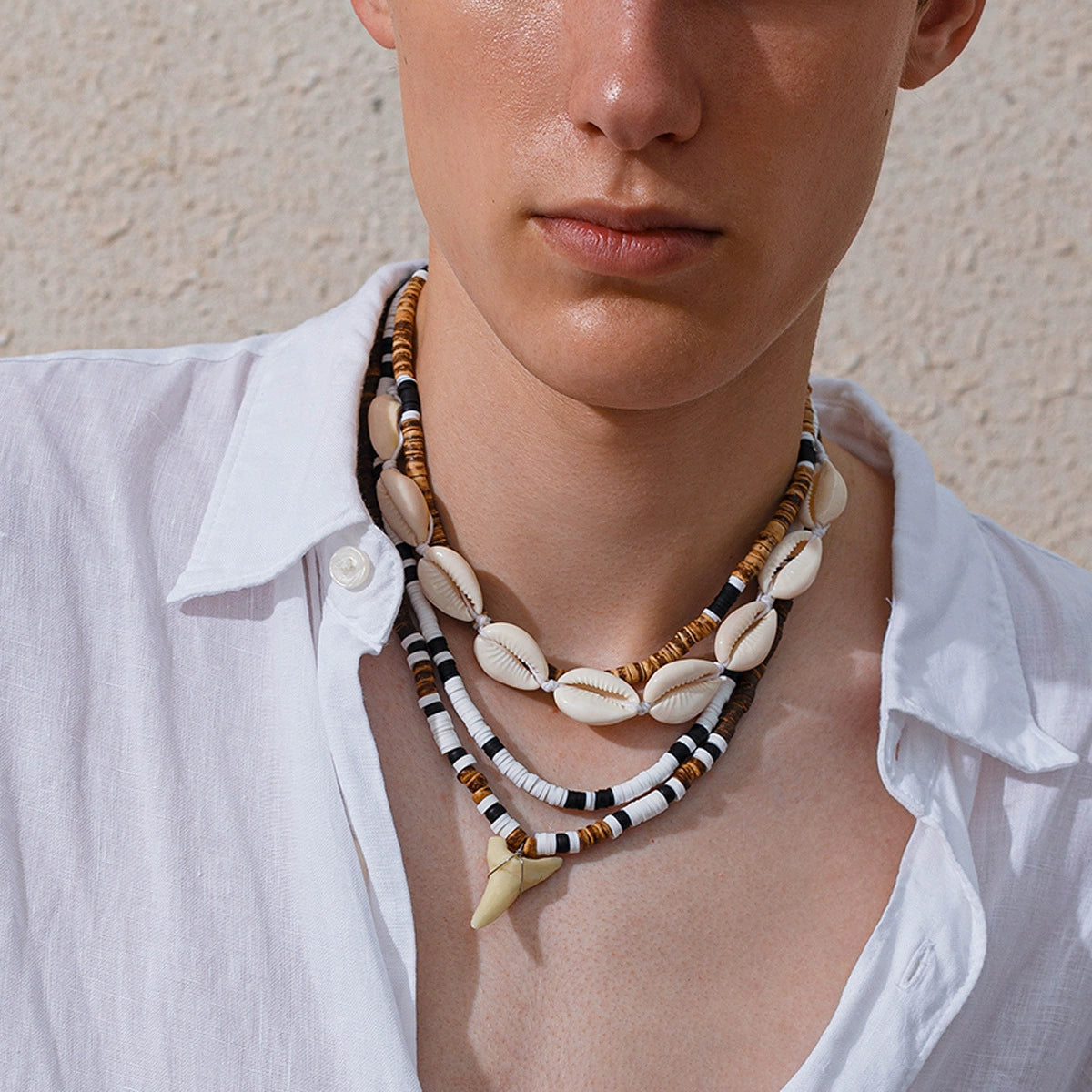 Men's Jewelry Coconut Beaded Shell Necklace With Shark Tooth Pendant ...