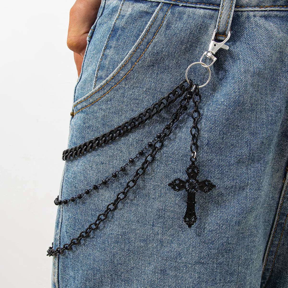Men's Punk Metal Cross Denim Pants Chain With Multiple Circles – GoodDiy