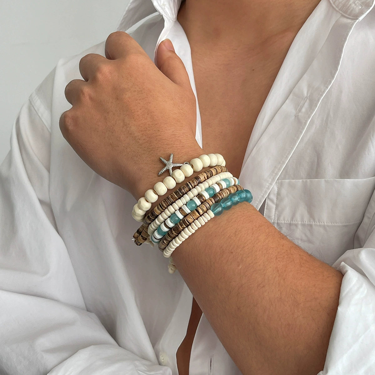 Men's Wood Coconut Shell Beaded Electroplated Bracelet Set Hiphop ...