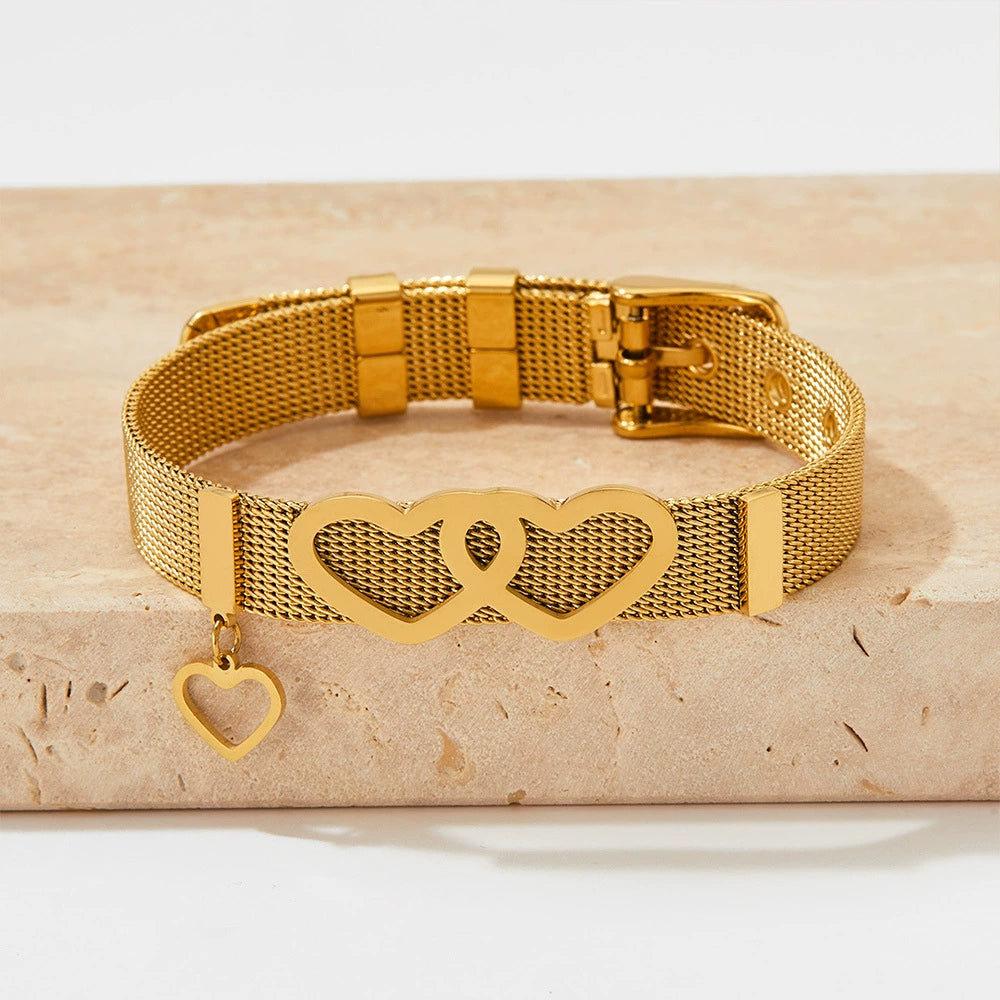 Mesh Stainless Steel Couple Love Bracelet With Heart Pattern Electropl ...