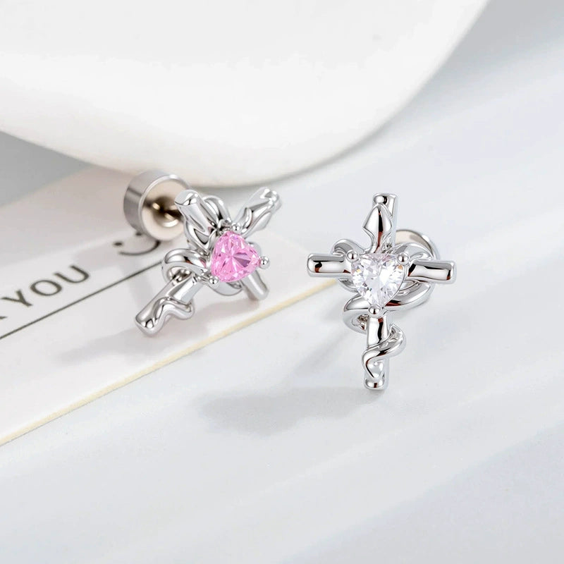 Metal Heartshaped And Snakeshaped Winding Cross Design Zircon Earrings ...