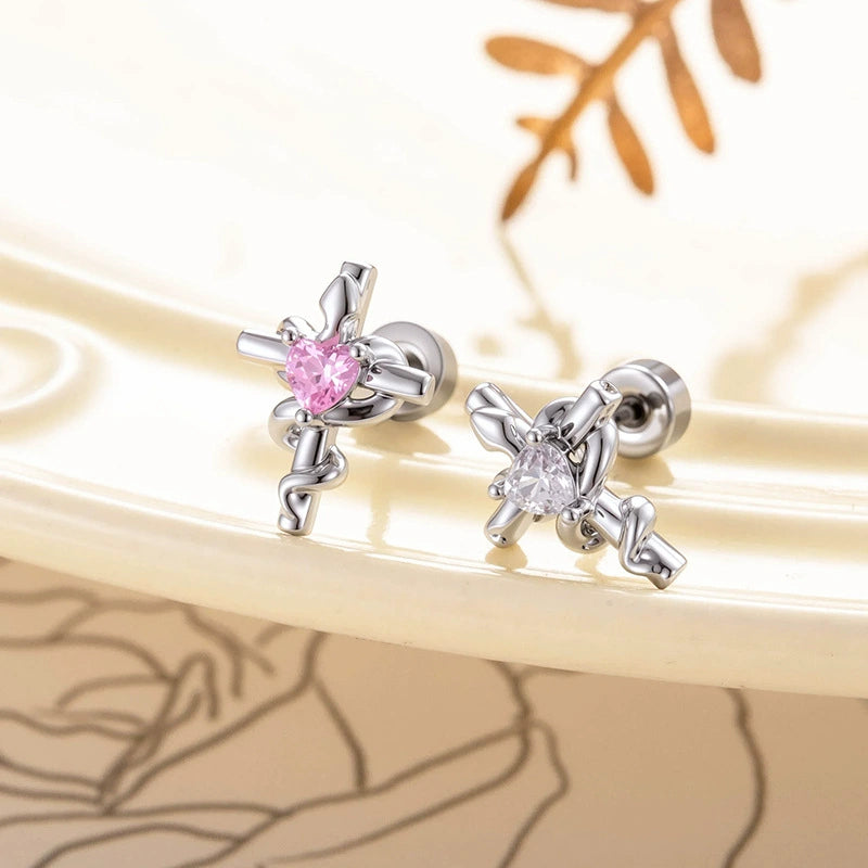 Metal Heartshaped And Snakeshaped Winding Cross Design Zircon Earrings ...