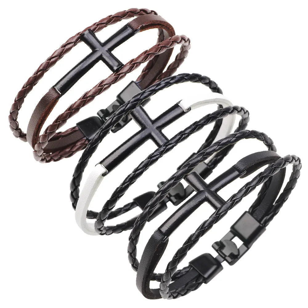 New Metal Cross Braided Leather Rope Three-Color Bracelet – GoodDiy