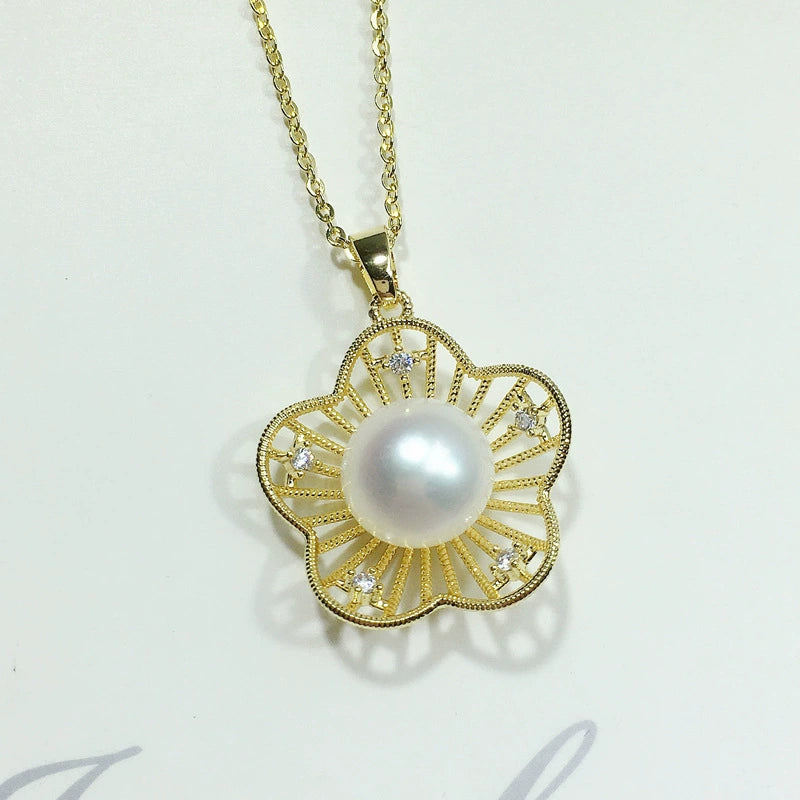 Pearl Jewelry Hollow Flower Freshwater Pearl Pendant Necklace Copper ...