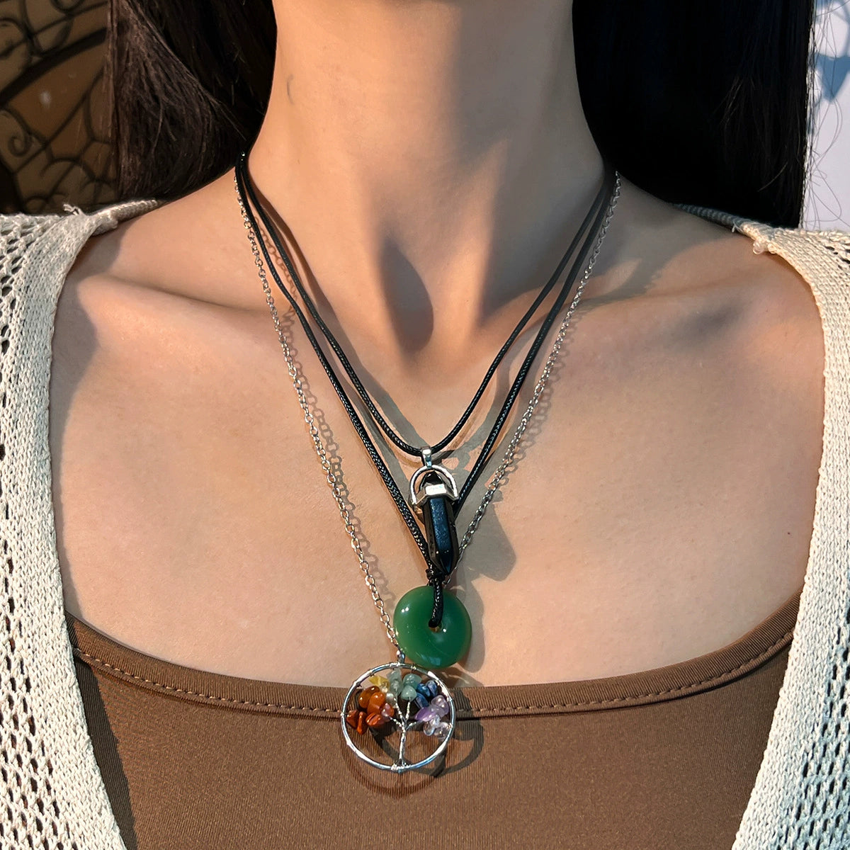 Retro Geometric Women's Ring Ping An Buckle Crystal Pendant Necklace ...