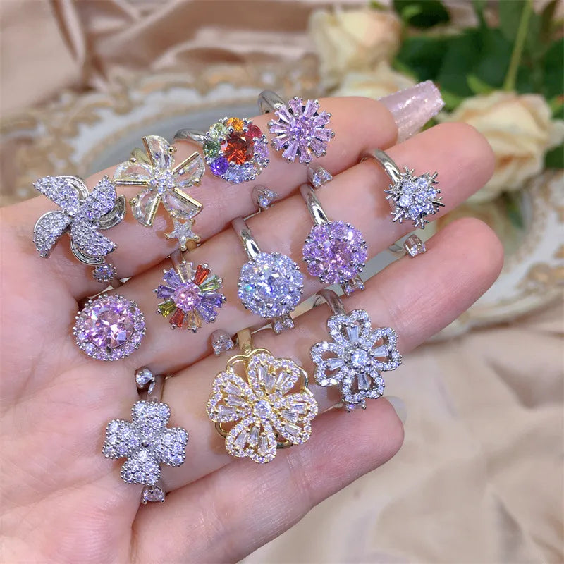 Rotating Moving Ring Flower Zircon Super Flash Ring Opening Color Rete ...