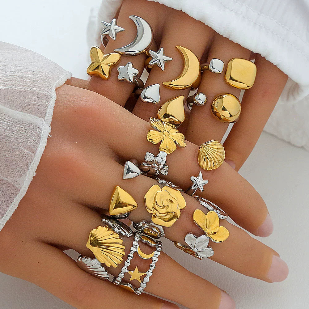 Stainless Steel Casting Open Ring Set With Leaf U Shaped And Geometric ...
