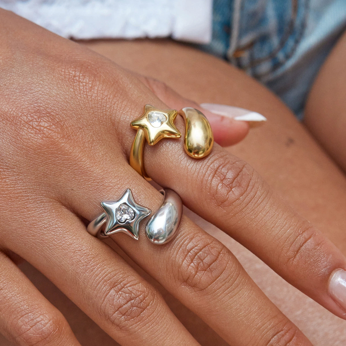 Stainless Steel Heartshaped Star Open Ring With Diamond Electroplated ...