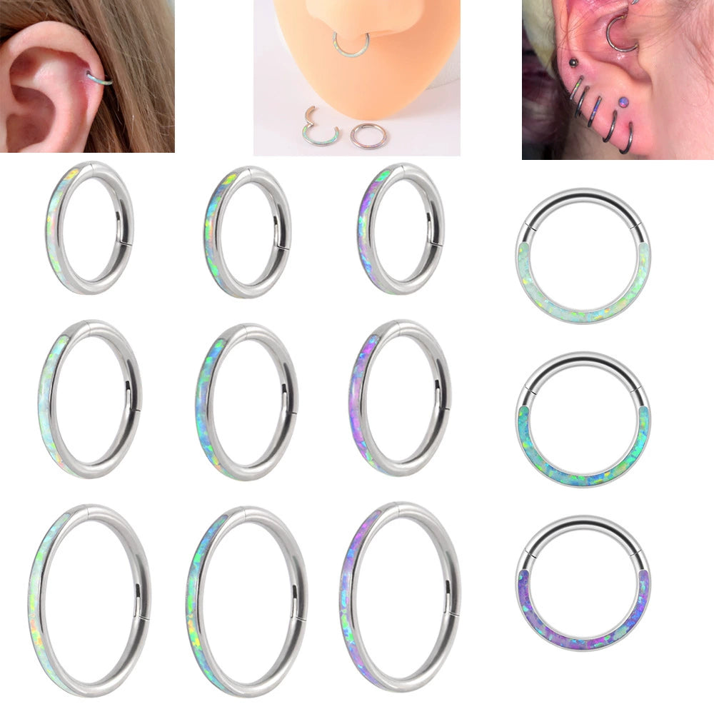 Titanium Precision Inlaid Opal Round Nose Ring And Earrings Unisex ...