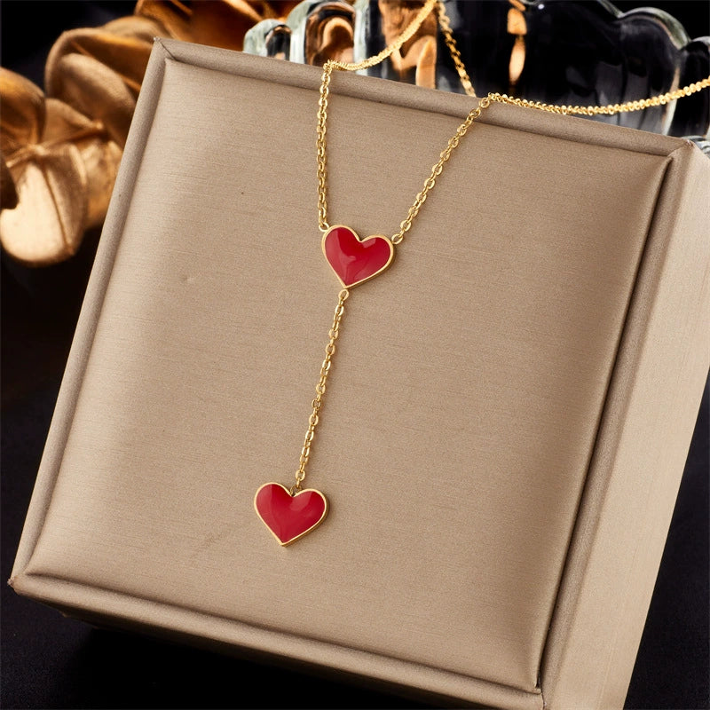 Titanium Steel Double Heart Clavicle Chain With Geometric Pattern And ...