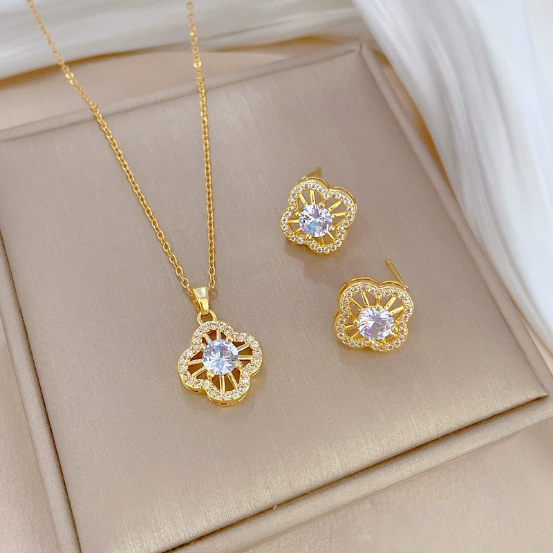 Titanium Steel Fourleaf Flower Diamond Microencrusted Electroplated ...