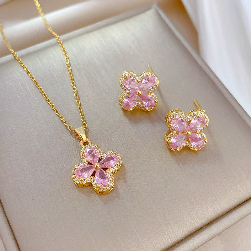 Titanium Steel Fourleaf Flower Jewelry Set With Geometric Pattern And ...