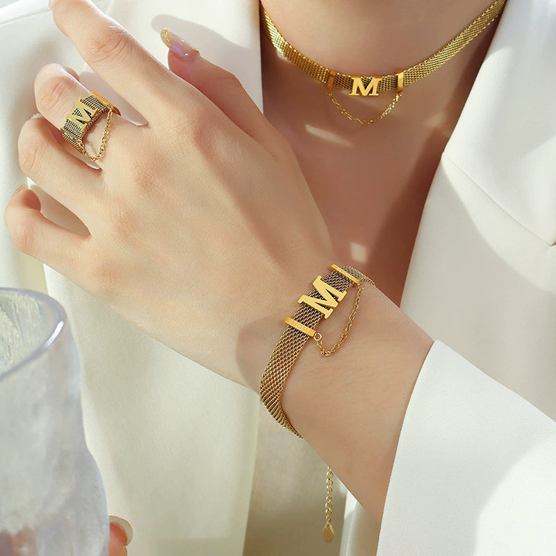 Titanium Steel Gold Plated Women's Jewelry Set With Letter M Tassel ...