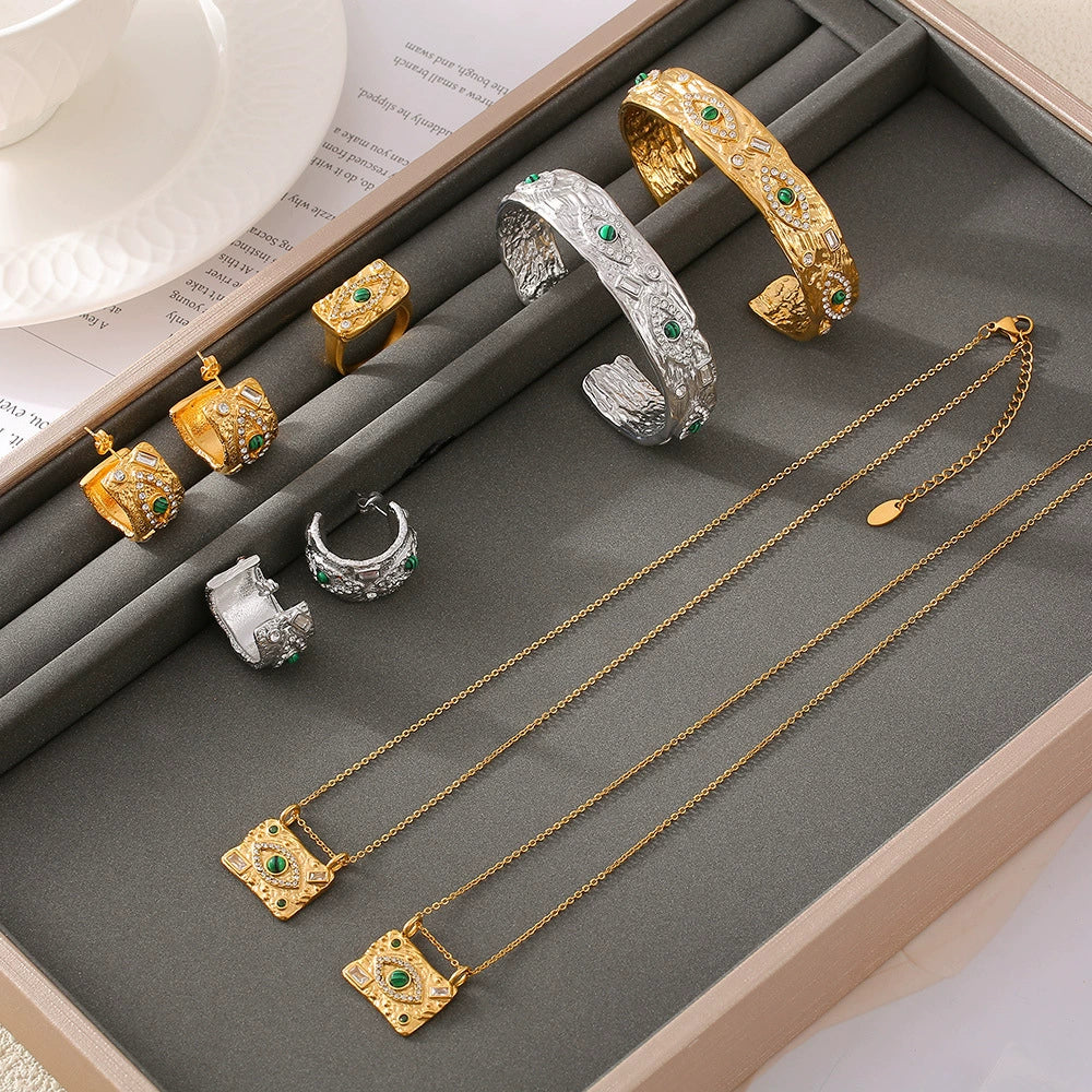 316L Stainless Steel Jewelry Set With Retro Texture And Devil's Eye Sq ...