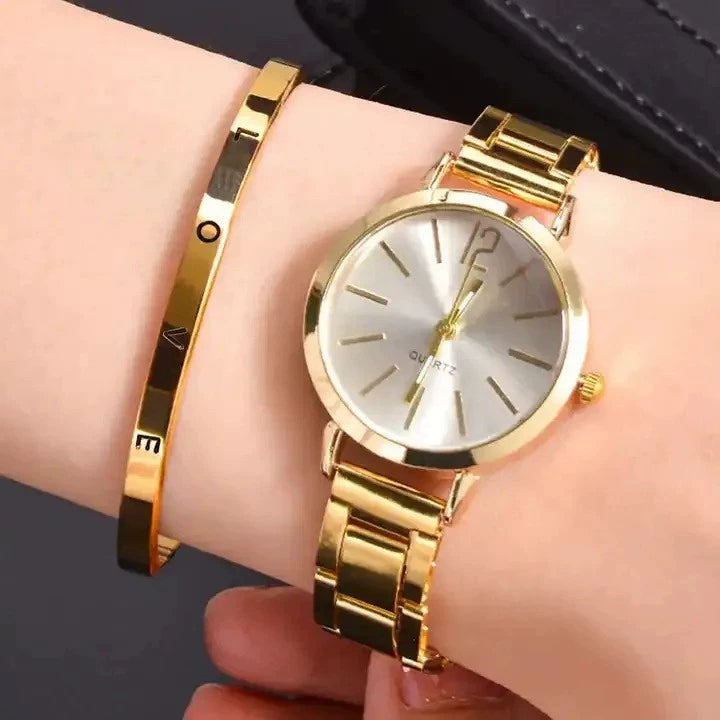 Universal Casual Alloy Case Round Dial Quartz Watch With Steel Band And ...