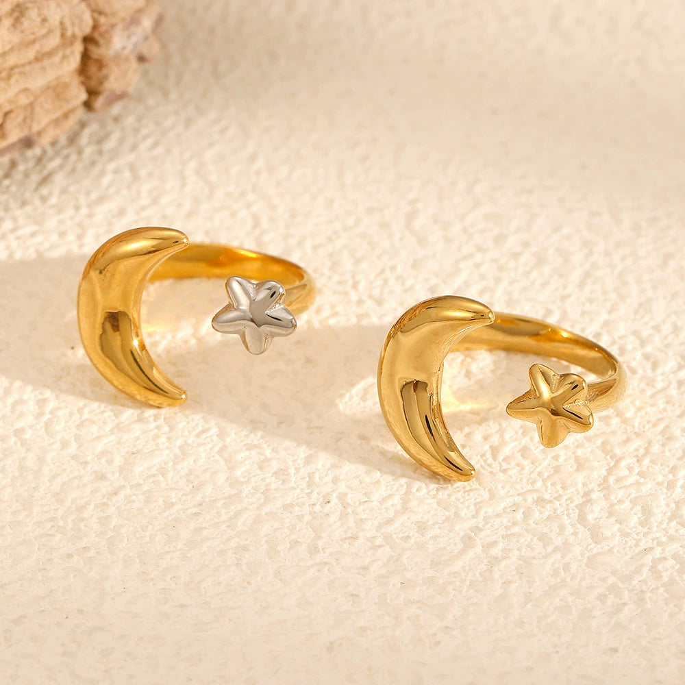 Wholesale Jewelry Star Moon Geometric Stainless Steel Opening Ring 18K ...