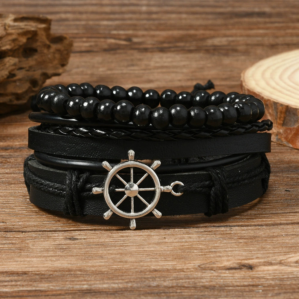 Wholesale Leather Alloy Multilayer Handwoven Threepiece Bracelet Set R ...