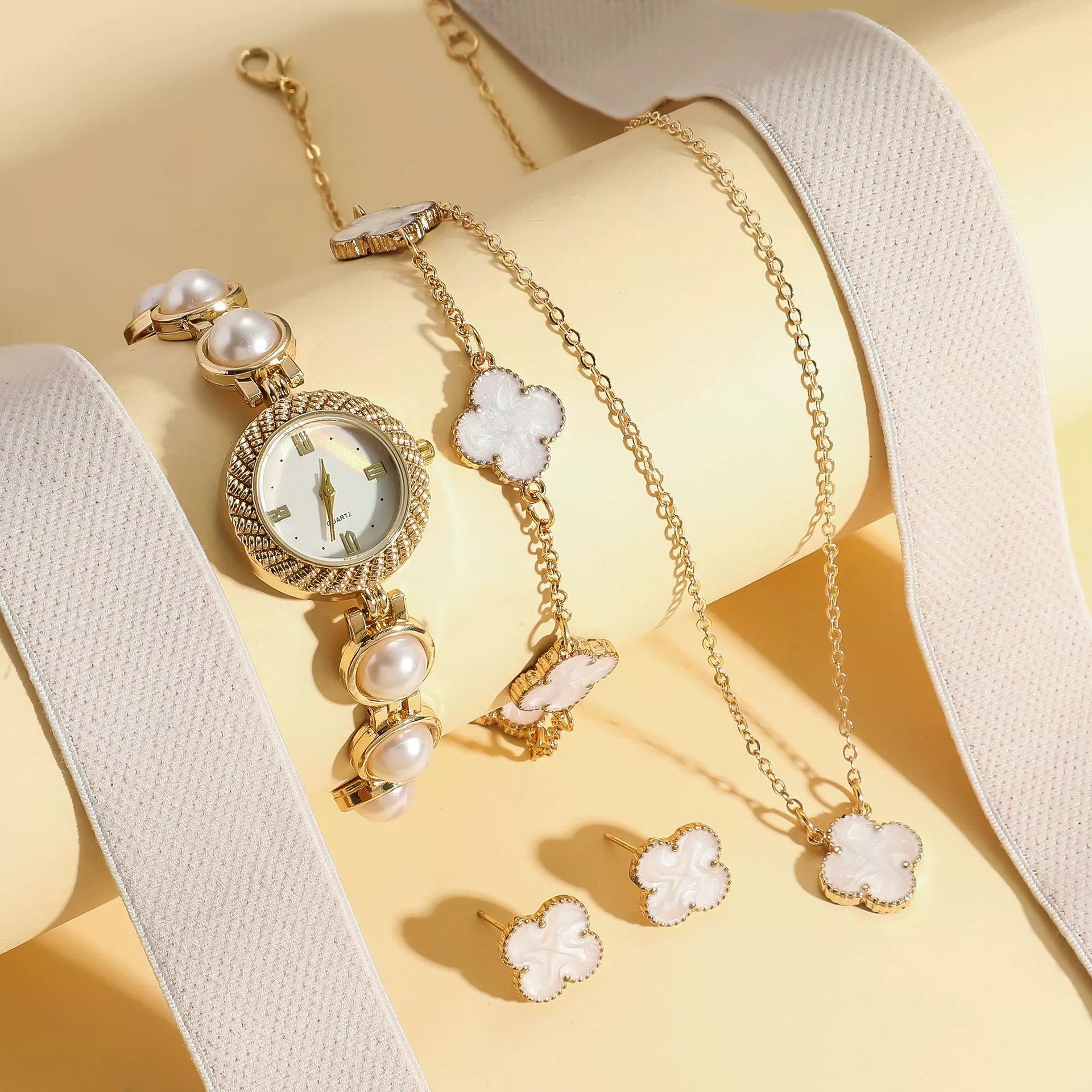 Women's Alloy Case Steel Band Imitation Leather Strap Round Dial Pearl ...