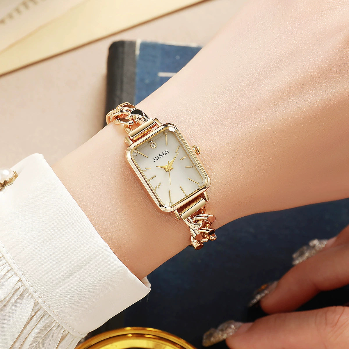Women's Alloy Strap Square Hollow Fashion Leisure Watch With Stainless ...