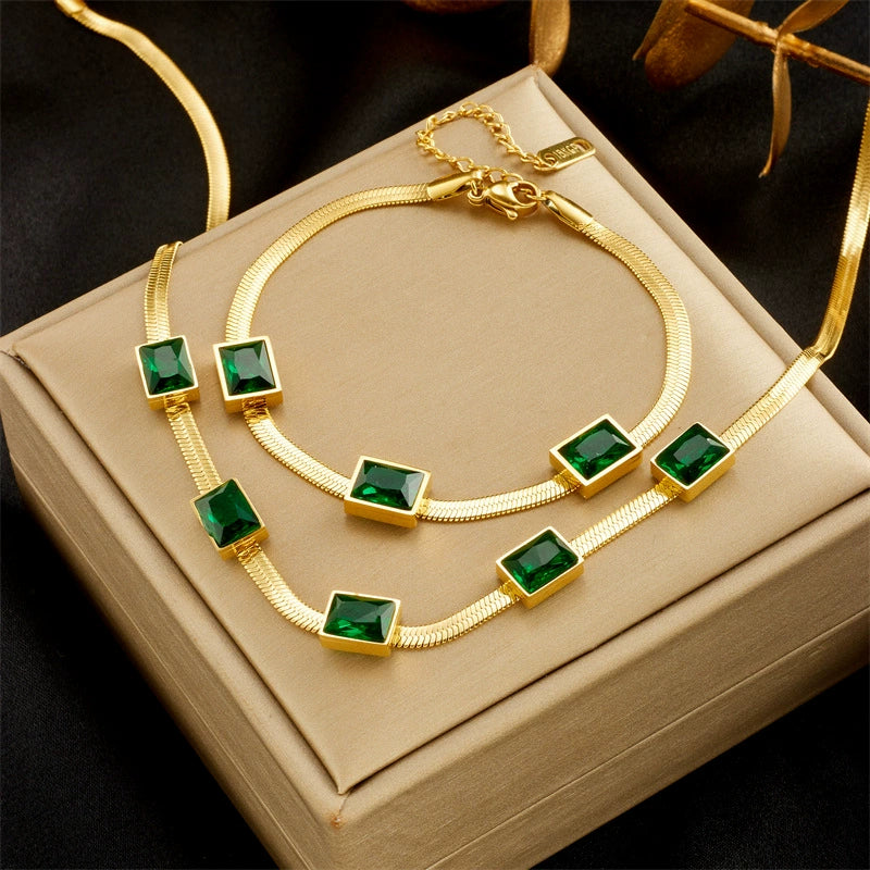 Women's Jewelry Set Emerald Square Sugar Titanium Steel Necklace And B ...